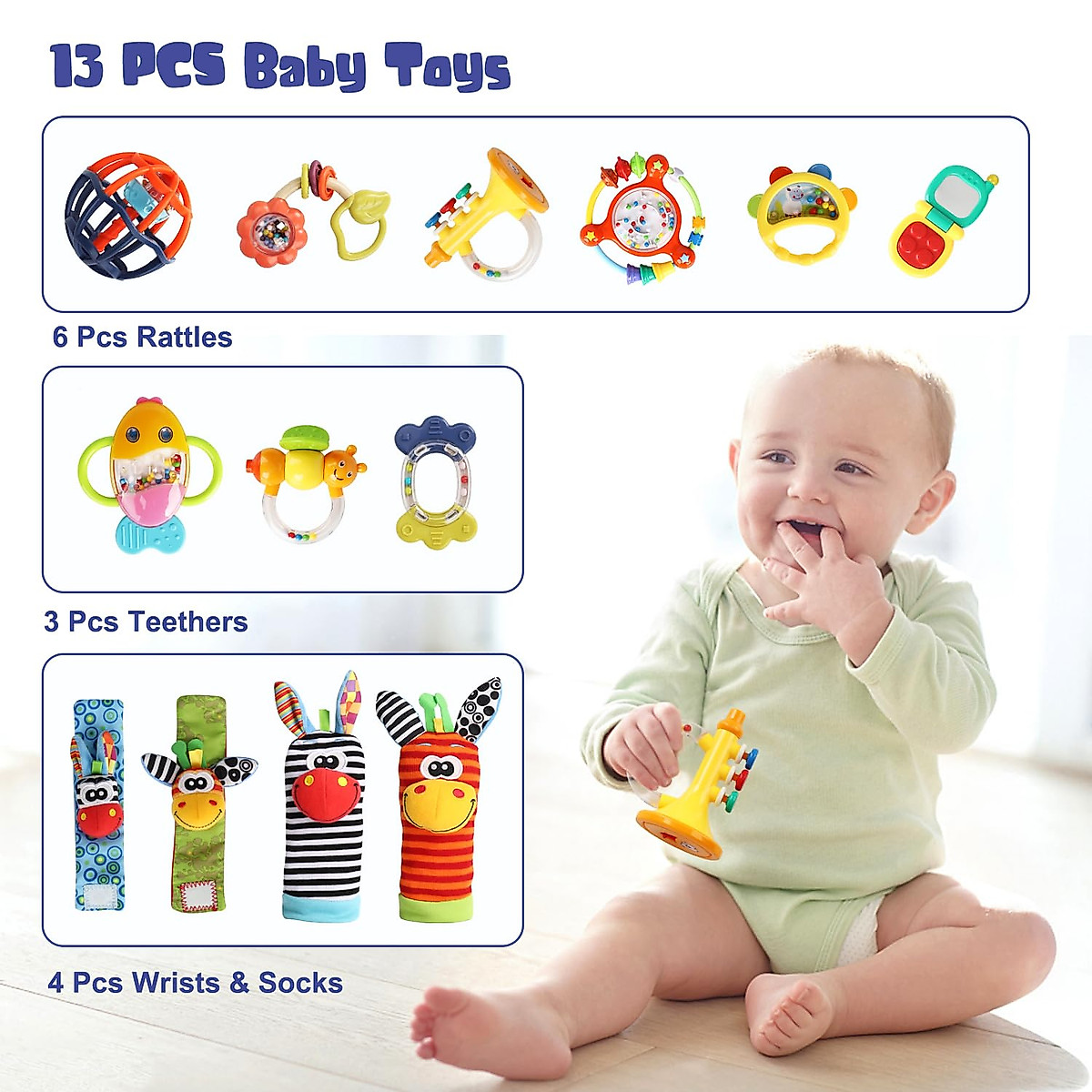 Baby Rattles 0-6 Months,Baby Toys 0-6 Months,Baby Rattle Toys,Teething and Wrist Socks Rattle, Infant Grab and Spin Shake Rattles, Newborn Toys for 0 1 2 3 4 5 6+ Month Babies Boy Girl Bebe