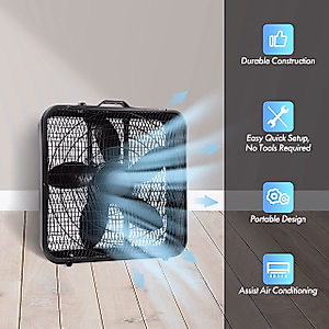 Comfort Zone Box Fan with Carry Handle, 20 inch, 3 Speed Full-Force Air Circulation with Air Conditioner, Floor Fan, Bedroom Fan, Airflow 15.03 ft/sec, Ideal for Home, Bedroom & Office, CZ200ABK