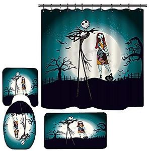 TAWOAO 4 Pcs Jack Skellington Shower Curtain Set with Non-Slip Rugs,Toilet Lid Cover and Bath Mat,Nightmare Before Christmas Shower Curtain with 12 Hooks