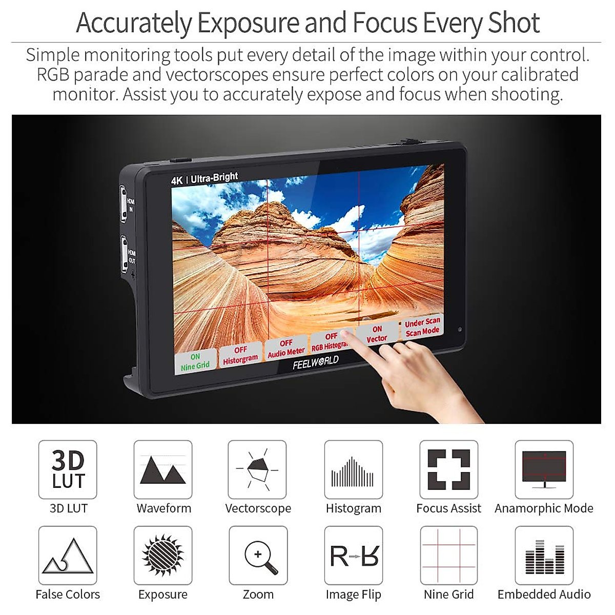 FEELWORLD LUT6 6 Inch 2600nits HDR 3D LUT Touch Screen DSLR Camera Field Monitor with Waveform VectorScope Histogram 4K HDMI Input Output 1920X1080