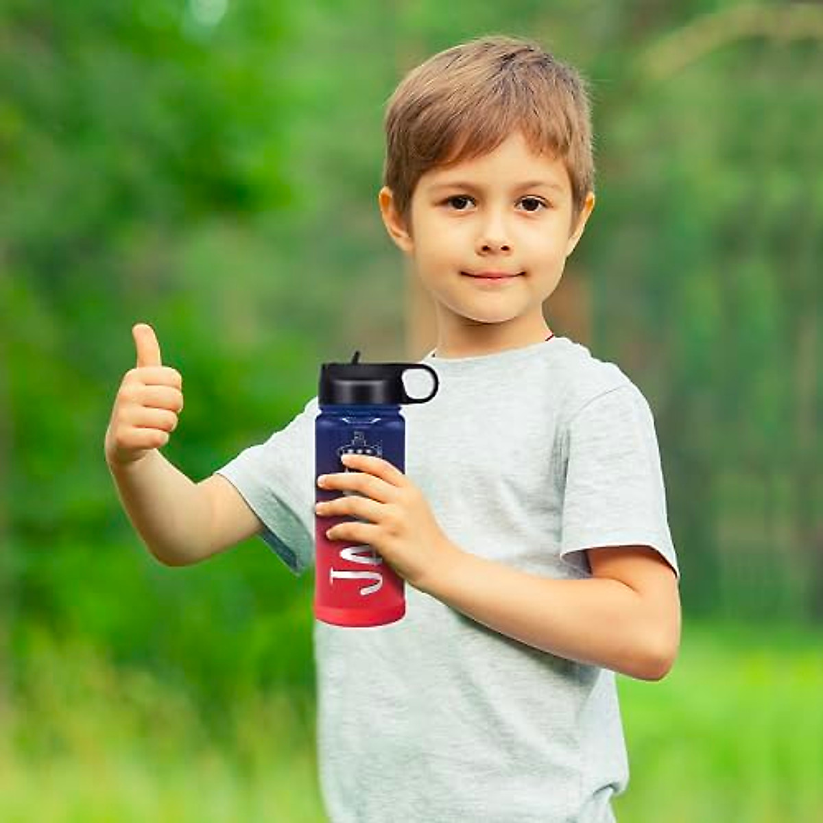 Personalized Children Water Bottle with Lid and Protective Silicone Boot Custom Navy Blue Coral Ombre 18 oz Modern Insulated Stainless Steel for Boys and Girls