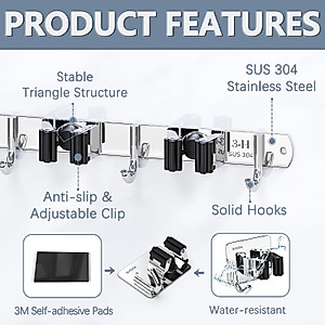 3-H 2 Pack Broom Hanger Wall Mount,Broom Holder Stainless Steel,Broom Holder Wall Mount Self Adhesive,Broom Organizer Storage Tool Racks for Home Kitchen Garden Laundry Garage(Silver)