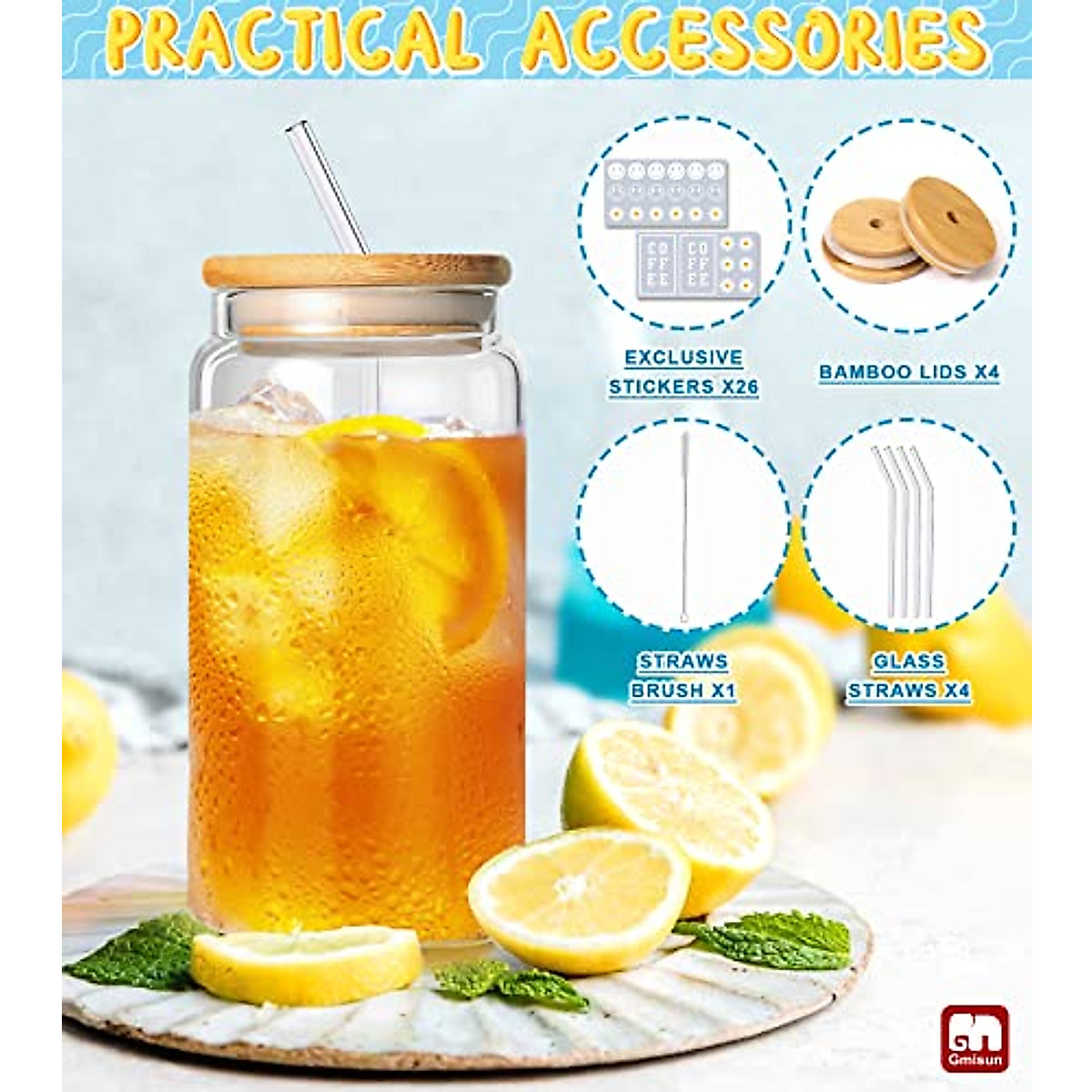 GMISUN Glass Cups with Lids and Straws, 16oz Iced Coffee Cup, Beer Can Glass with Lids and Straw, Drinking Glasses with Bamboo Lids Coffee Bar Accessories for Beer/Juice, Exclusive Transfer Labels