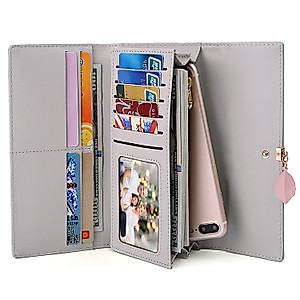 UTO Wallet for Women PU Leather Leaf Pendant Card Holder Phone Checkbook Organizer Zipper Coin Purse Green