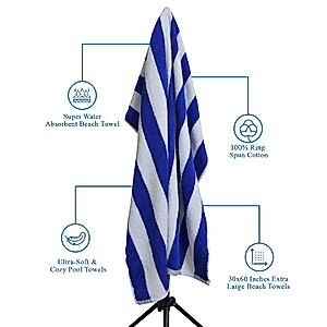 DAN RIVER 100% Cotton Beach Towels Set Pack of 4, Quick Dry Ultra Soft & Highly Absorbent 30”x60” Oversized Cabana Striped Pool Towels for Bathroom, Home, Hotel and Shore| 500 GSM| Blue Striped