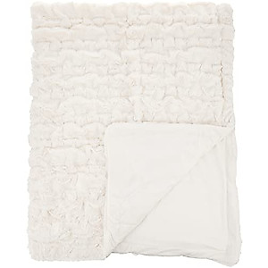 Comfort Spaces Ruched Faux Fur Plush 3 Piece Throw Blanket Set Ultra Soft Fluffy with 2 Square Pillow Covers, 50"x60", Ivory