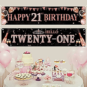 2Pcs 21st Birthday Banner Decorations for Her - Rose Gold Happy 21st Birthday Yard Banner Party Supplies, Hello Twenty-One Bday Sign Decor for Indoor Outdoor