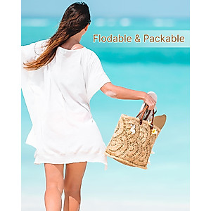 Beach Hats for Women, Beach Hat Womens UPF 50+, Straw Hat for Women Sun Hat Foldable Roll up Cap Khaki