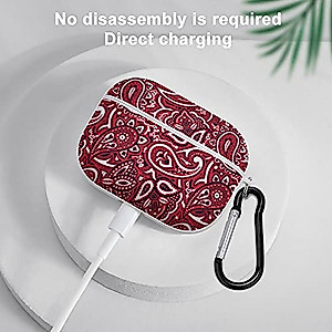 Unique Headphone Case Cover Compatible with Airpods Pro Wireless Charging Case, Smooth Headphone Case with Keychain, Led Visible, Paisley Bandana Red