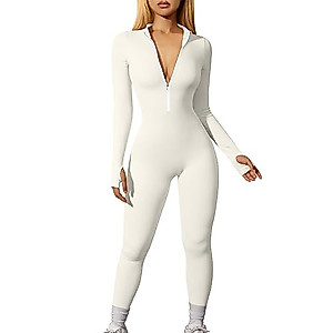 OQQ Women Yoga Jumpsuits Workout Ribbed Long Sleeve Zip Front Sport Jumpsuits Beige