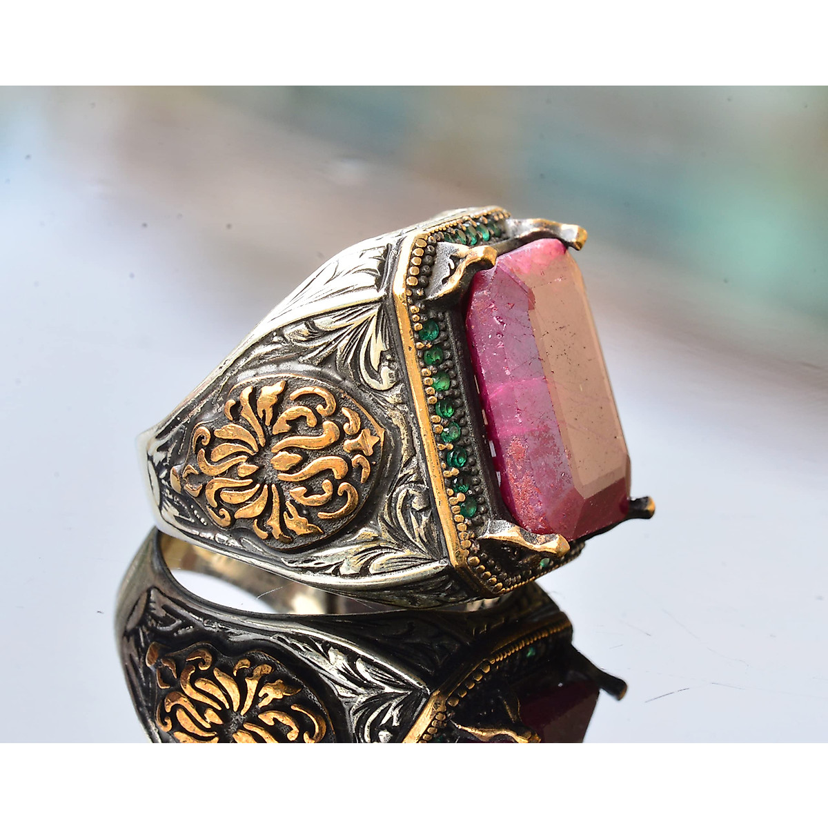 Falcon Jewelry Real Natural Ruby Gemstone Ring, 15.50 Carat, Sterling Silver Ring, Raw Stone, Byzantine Ring red