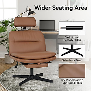 ELECWISH Criss Cross Chair, Armless Cross Legged Desk Chair No Wheels, PU Leather Applesauce Office Chair Wide Padded Home Office Chair with Headrest&Footrest for Bedroom, Living Room(Brown)