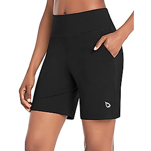BALEAF Women's 7" Athletic Long Shorts High Waisted Running Bermuda Shorts with Pockets Black X-Large