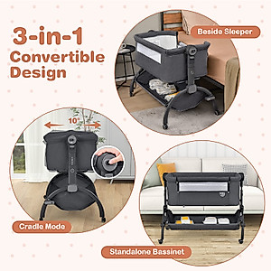 BABY JOY Baby Bassinet, 3-in-1 Rocking Bassinet w/Storage Basket, Double-Lock Design, 7 Adjustable Heights, Soft Mattress & Portable Travel Bag, Bassinet Bedside Sleeper for Newborns Infants (Gray)