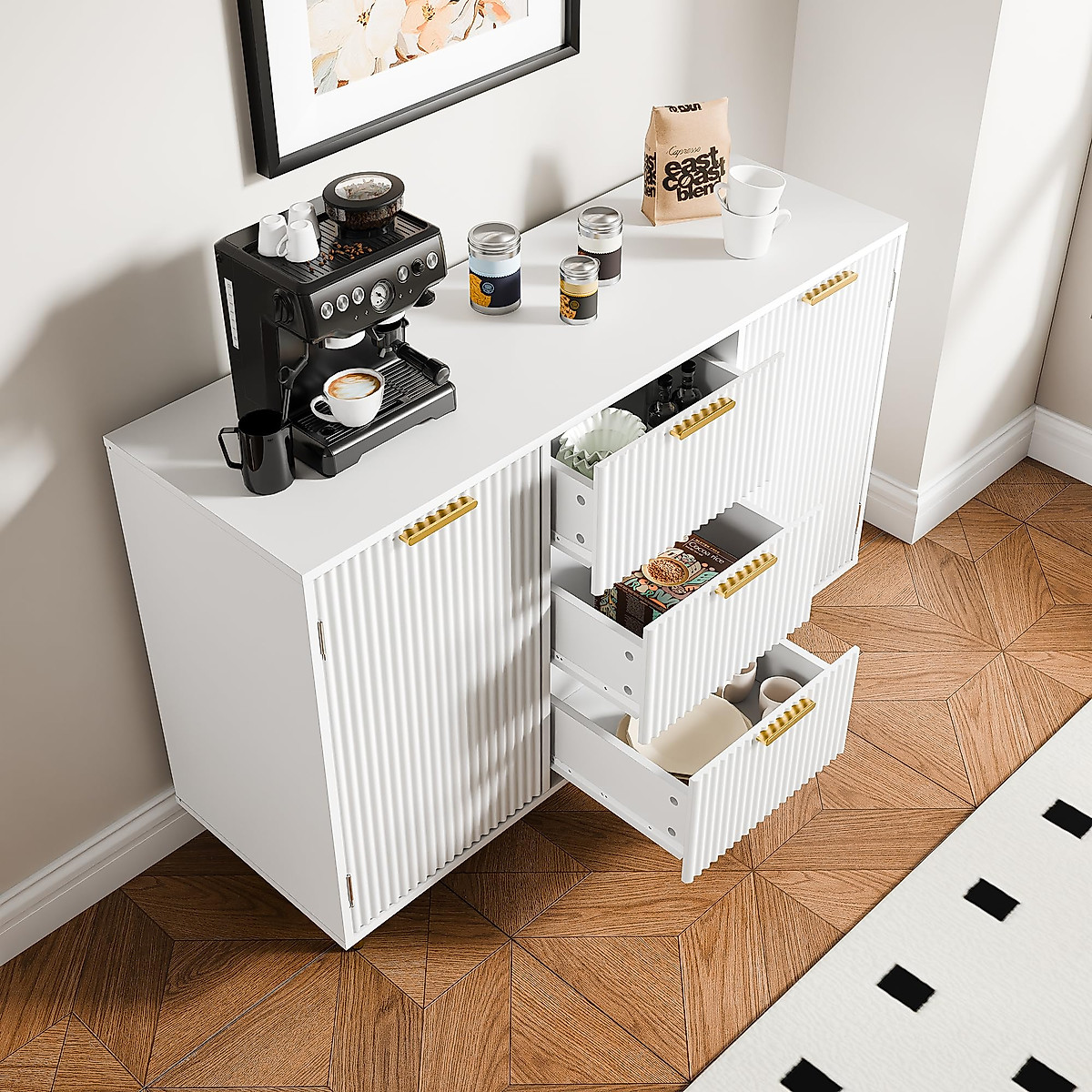 Cozy Castle 47.2" Buffet Cabinet, Large Coffee Bar Cabinet, Glossy Fluted Accent Sideboard with Adjustable Shelves, Credenza with Doors and Drawers for Living Room, Hallway, Kitchen, White