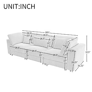FREESNOOZE 105" Corduroy Sectional Sofa Couch with Removable Back Cushions and 5 Pillows, 3 Seater Sofa for Living Room, Apartment, Spacious Space(Beige)