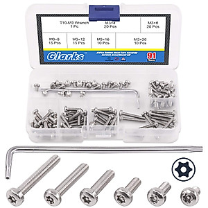 Glarks 91Pcs M3 x 6mm 8mm 12mm 16mm 20mm Pan Head Torx Security Screws 304 Stainless Steel Tamper Resistant Screws Assortment Set