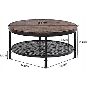 GreenForest Coffee Table Round 35.8 inch Industrial 2-Tier Sofa Table with Storage Open Shelf and Metal Legs for Living Room, Dark Walnut