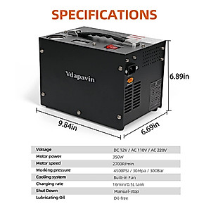 PCP Air Compressor,Built-in Power Converter,Oil/Water-Free, 4500Psi/30Mpa, 12V DC or Home 110V AC, for Paintball/PCP Air Rifle/Tank