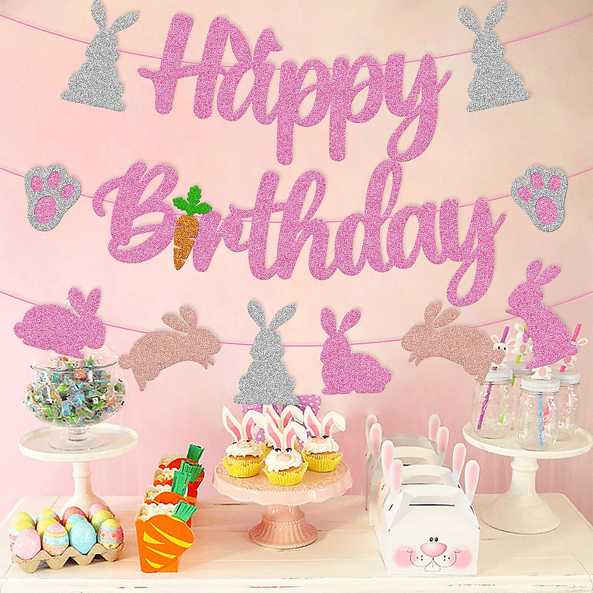Bunny Birthday Banner Rabbit Bday Party Decorations Bunny Paw Ears Carrot Easter's Day Theme for Kids Boy Girl Baby Shower Party Supplies (Pink)