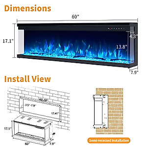 LUXOAK 60" 3 Sided Electric Fireplace of Tempered Glass Panels & Log and Crystal, Fireplace Heater with 9 Flame Colors & 5 Brightness Levels & 2 Power Modes, Noisy Free, Recessed, Black