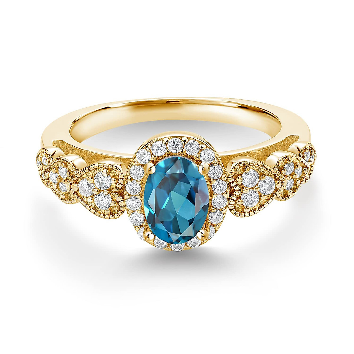Gem Stone King 18K Yellow Gold Plated Silver Oval Topaz and White Moissanite Ring For Women (1.18 Cttw, Gemstone Birthstone, Available In Size 5, 6, 7, 8, 9)