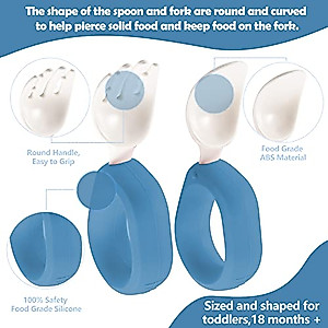 HIWOOD Baby Self Feeding Training Spoon and Fork Set with Travel Case, BPA-Free Cute Circle Toddler Training Utensils, Silicone/ABS Great Tableware Set Spoons Fork for Kids(Blue)