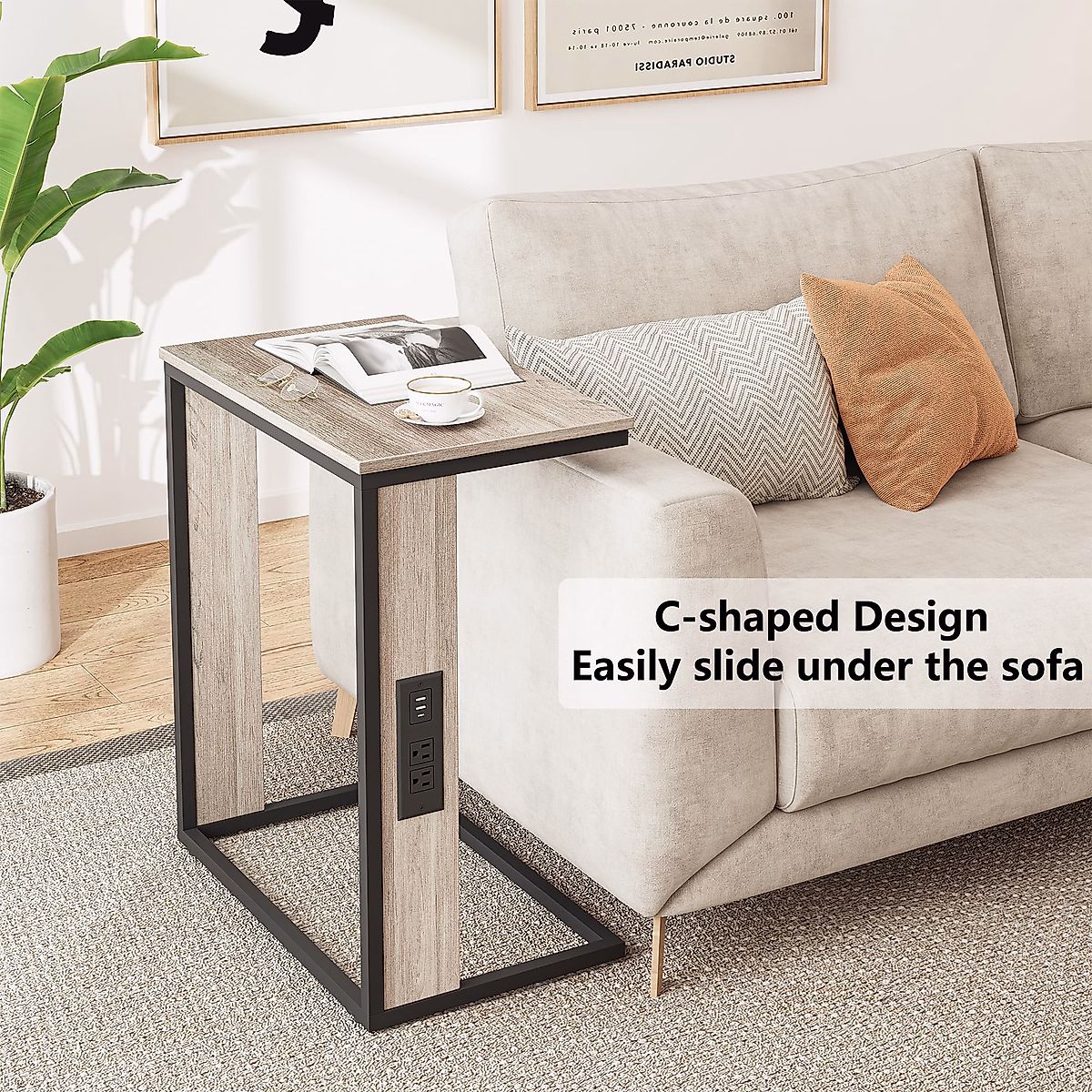 Vagusicc C Shaped End Table with Charging Station, Small Couch Side Table with Outlets and USB Ports for Living Room, Bedroom, Sturdy Slide Under Sofa Table C-Shaped Snack Table with Metal Frame 27 "H
