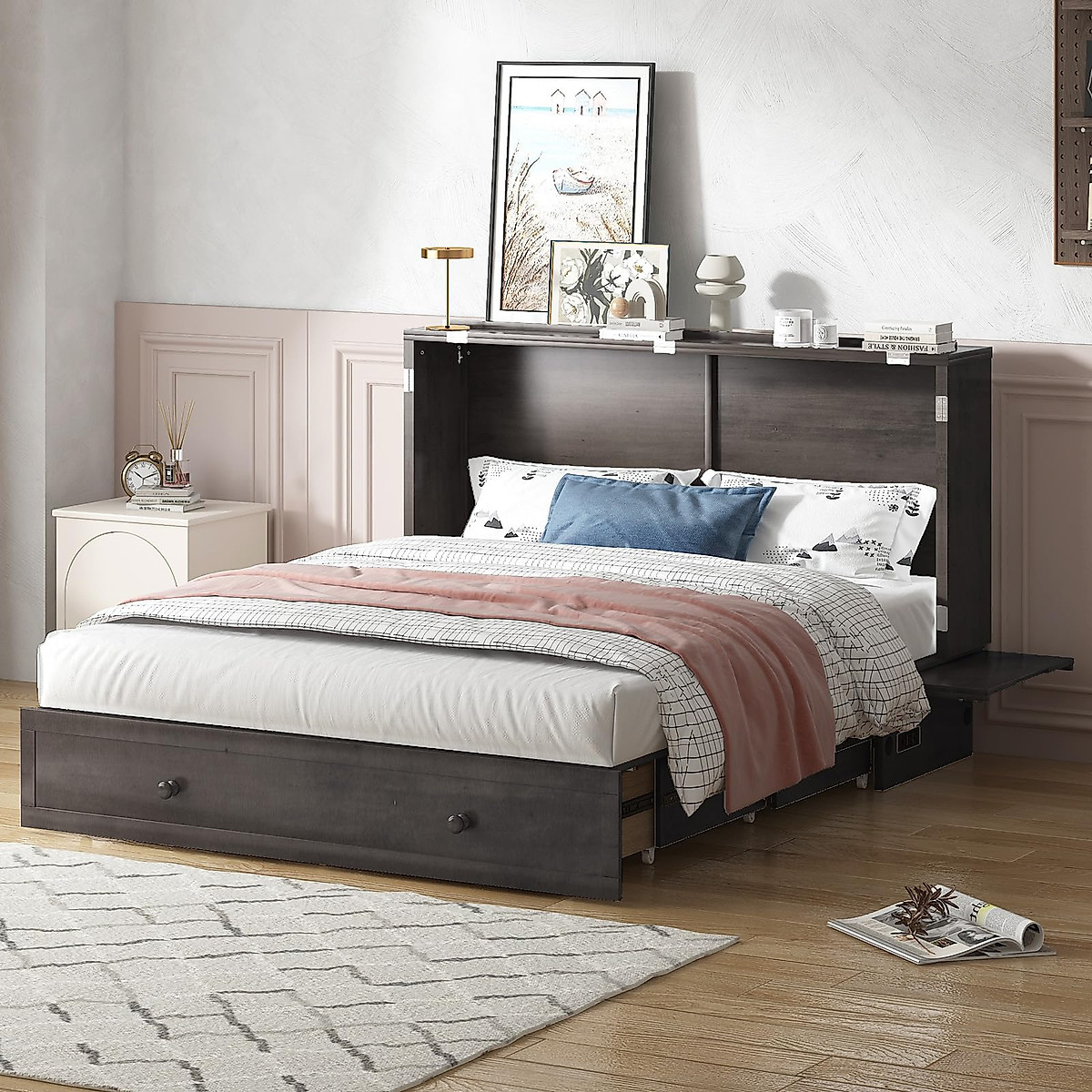 BALUS Murphy Bed, USB Charging Station, Furniture Murphy Cube Cabinet Bed, Queen Size Memory Foam Mattress in a Foldable Cabinet, Storage Drawer-Grey