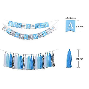 Baby Shower Decorations For Boy-It's A Boy Banner,Party Supplies Decoration Kit,Blue and Grey,Paper Fans,Latex Balloons, Silver Tassels,Tissue Paper Pom Poms, Party Supplies for Boys