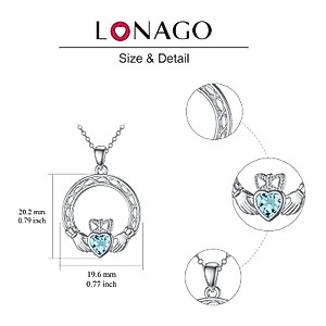 LONAGO Claddagh Necklace with Simulated Birthstone 925 Sterling Silver Irish Hands Holding Crown Celtic Knot Love Heart Pendant Jewelry for Women (3)