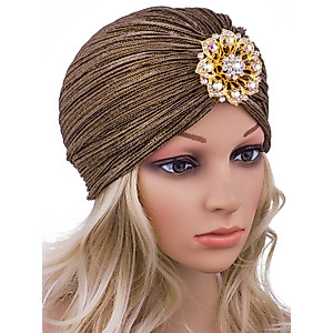 Vijiv Women's Vintage Lurex Knit Turban Beanie Hats Headwraps for 1920s Cocktail Party Gold