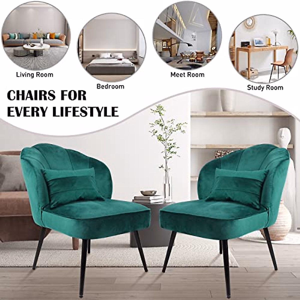 ECOMEX Velvet Accent Chair Set of 2, Modern Accent Chairs with Metal Legs, Armless Living Room Chairs, Upholstered Leisure Single Sofa Chair for Bedroom Makeup Room Dining Room (Christmas Green)