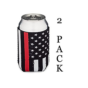 Thin Red Line Collapsible Beer Can and Bottle Beverage Cooler Sleeves - 2 Pack - Standard Size 12 oz - 3mm Thick Insulated Neoprene - Fireman Firefighter