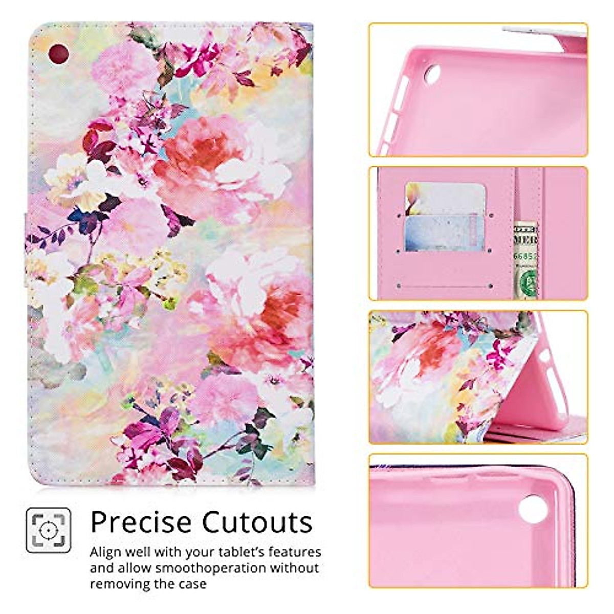 UUcovers for Amazon Kindle Fire HD 8 Tablet 2018/2017/2016/2015 Case 8th/7th/6th/5th Generation, Folio Stand Synthetic Leather Magnetic Wallet TPU Back Shockproof Cover with Card Slots, Pink Flower