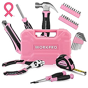 WORKPRO 35-Piece Pink Tools Set, Household Tool Kit with Storage Toolbox, Basic Tool Set for Home, Garage, Apartment, Dorm, New House, Back to School, and as a Gift - Pink Ribbon