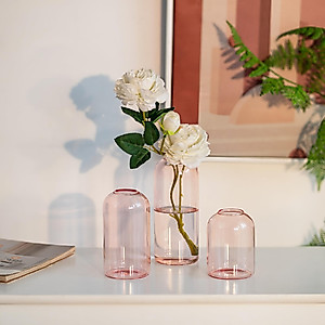 Glasseam Bud Vase Set of 6, Cute Pink Flower Vase Decor, Decorative Small Vases for Flowers, Unique Flower Vases for Centerpieces, Modern Cylinder Vases for Wedding Dining Table Decorations