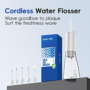 Medcodes Water Dental Flosser Pick for Teeth - 3 Modes Cordless Oral Irrigator 300ML Portable with 5 Jet Tips, 40 Days Rechargeable IPX7 Waterproof Water Dental for Cleaning for Home Travel(White)