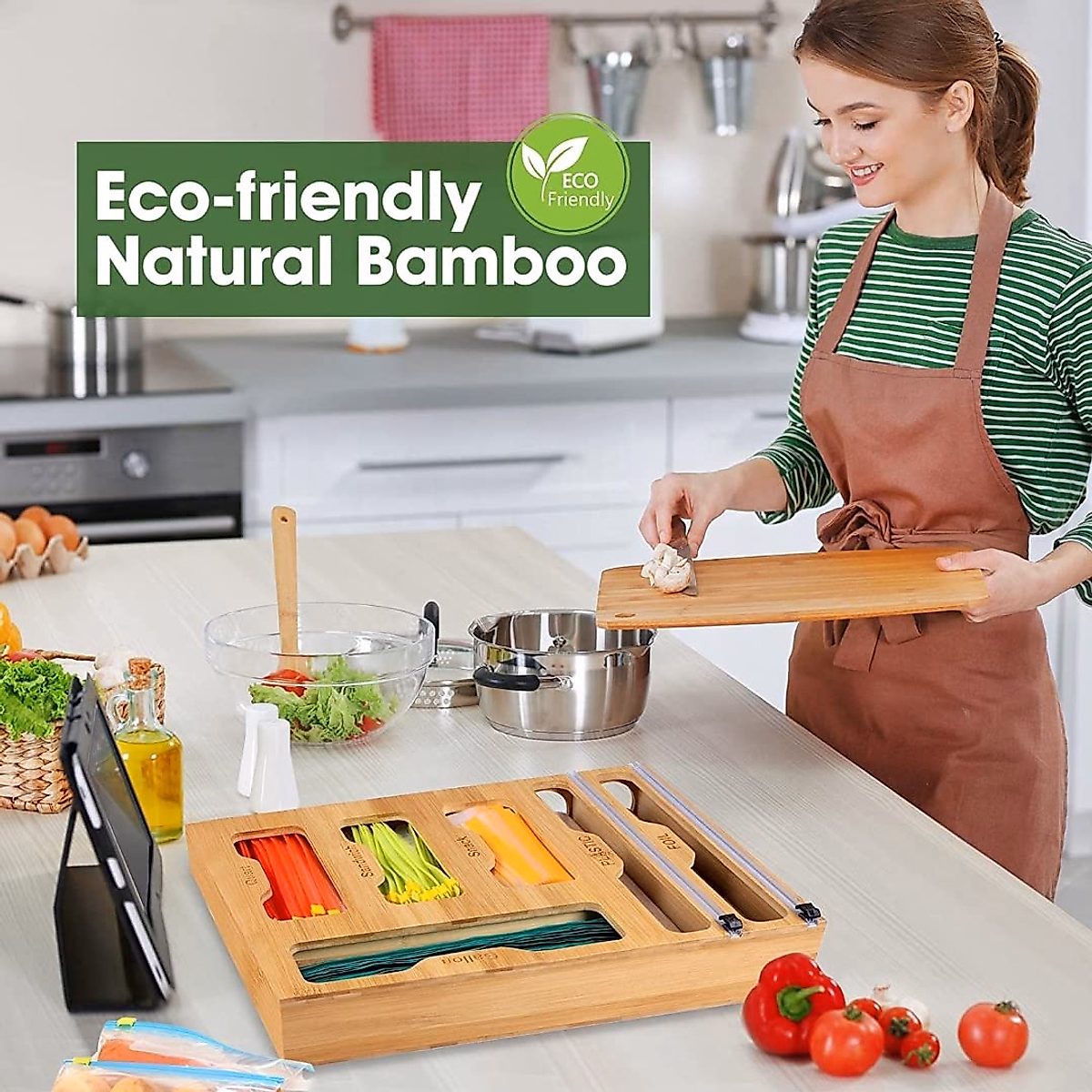 Bamboo Ziplock Bag Organizer - Foil and Plastic Wrap organizer with cutter - Holds up to 12” rolls - Baggie Organizer for Gallon, Quart, Sandwich, Snack Bags - Kitchen Organization - Drawer organizer