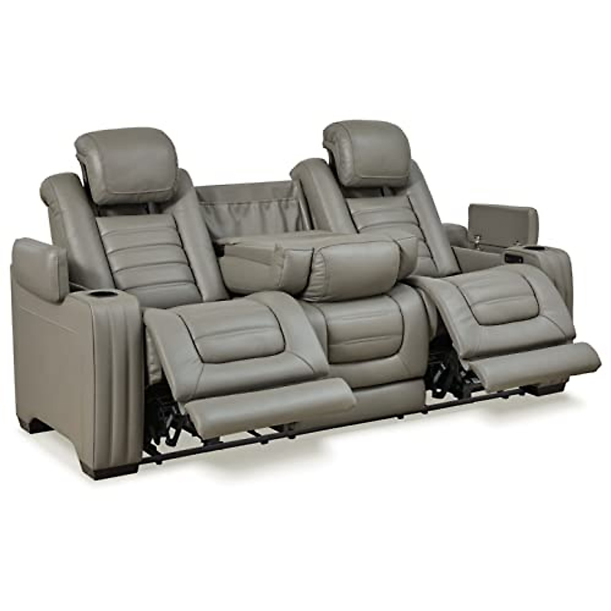 Signature Design by Ashley Backtrack Contemporary Tufted Leather Power Reclining Sofa with Adjustable Headrest, Light Gray