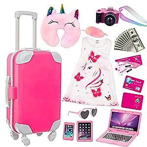 BDDOLL 18 Inch Girl Doll Clothes Accessories Travel Play Set Including Suitcase Luggage, Unicorn Dress, Sunglasses, Camera, Computer, Phone, Ipad,Travel Pillow fit 18 Inch Doll