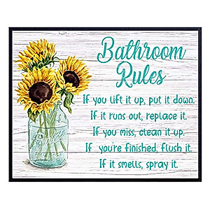 Bathroom Rules Wall Decor - Sunflower Wall Decor - Rustic Country Farmhouse Bathroom Decor - Powder Room Decor - Funny Blue Bathroom Decor - Restroom Sign - Bath Wall Art - Decorations - Unframed 8x10