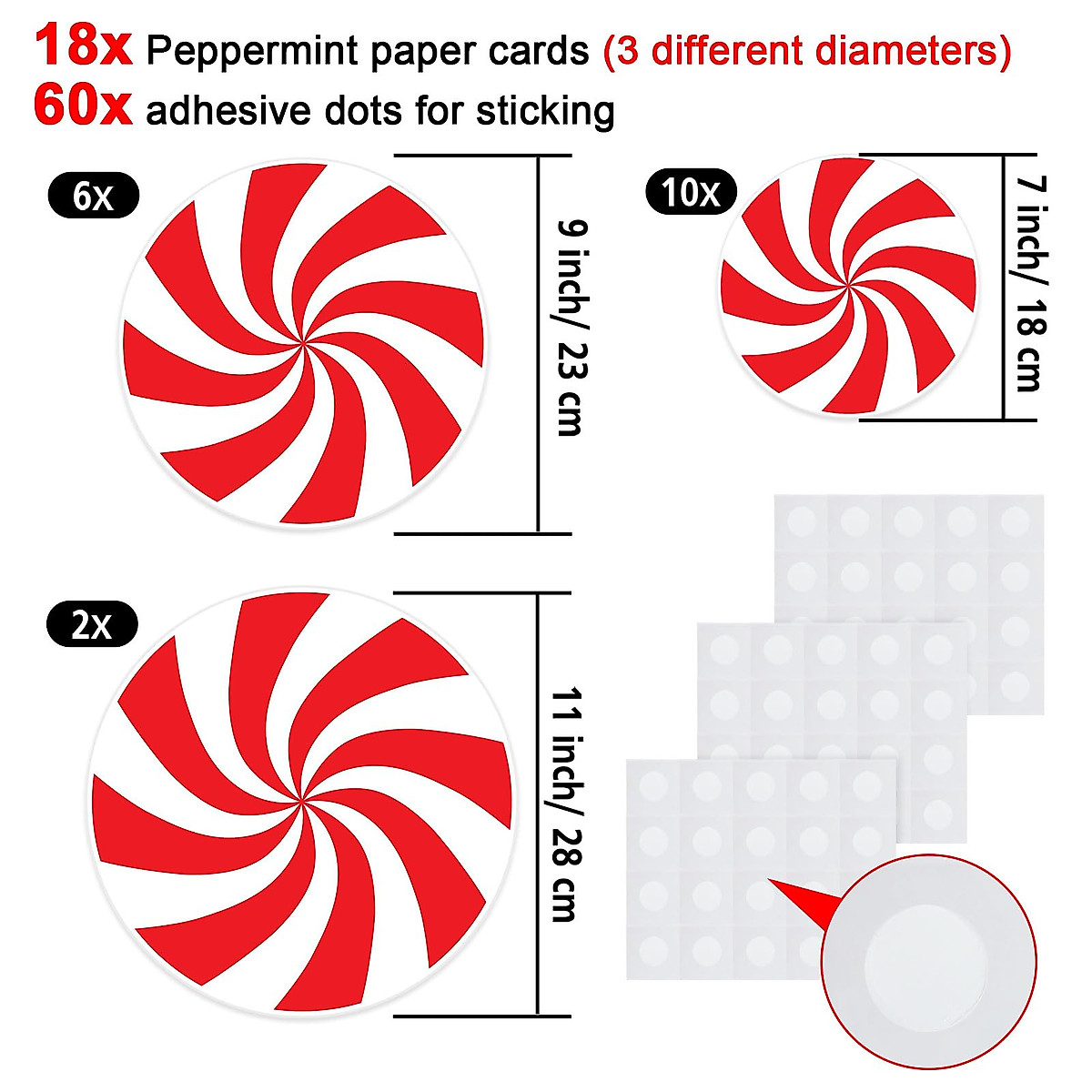 18 Pieces Peppermint Candy Cutouts Christmas Candy Cutouts Cardboard with Glue Point Dots for Winter Bulletin Board School Classroom Christmas Party Home Decoration Supplies, 3 Sizes