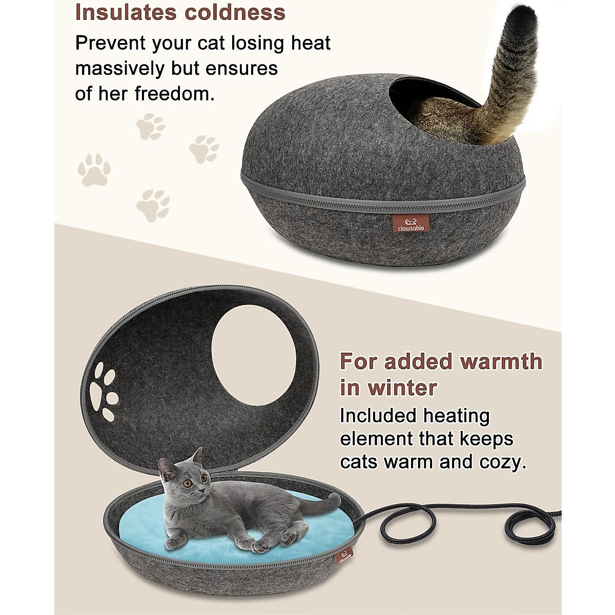 clawsable Heated Cat Bed for Large Cats, 19" Detachable Cave Heated Pet Bed with Time & Temp Adjustable Pet Heating Pad for Indoor Cat, Electric Cat Bed Heater Warmer for Cat