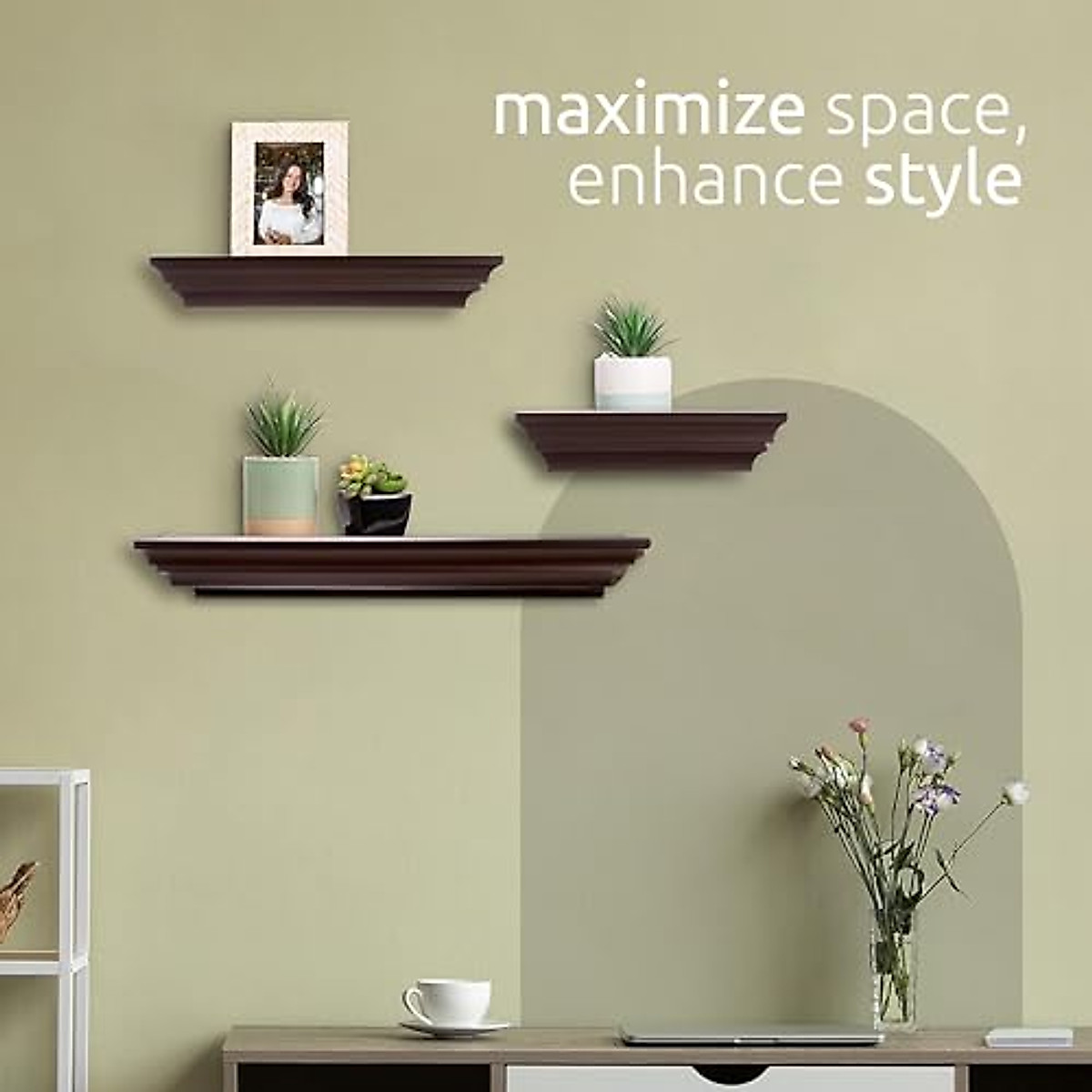 Kiera Grace Madison Classic Crown Molding Floating Wall Shelves, Robust Engineered Wood, Easy Assembly, Ideal for Home Decor, 16", Black, Set of 3