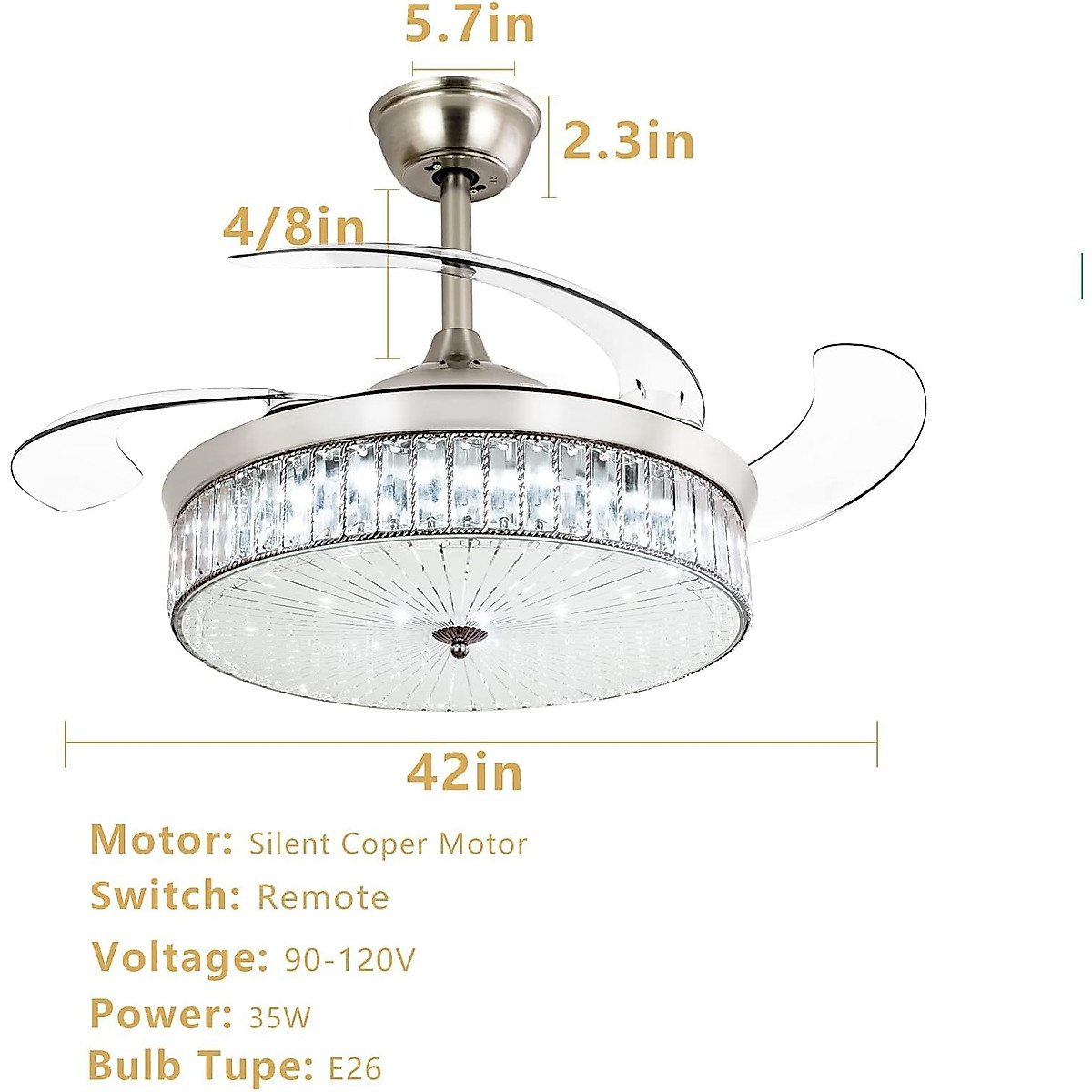 Ohniyou 42" Retractable Ceiling Fan with Light and Remote,Crystal Chandelier Ceiling Fan for Bedroom Living Room Indoor (Chrome Silver)