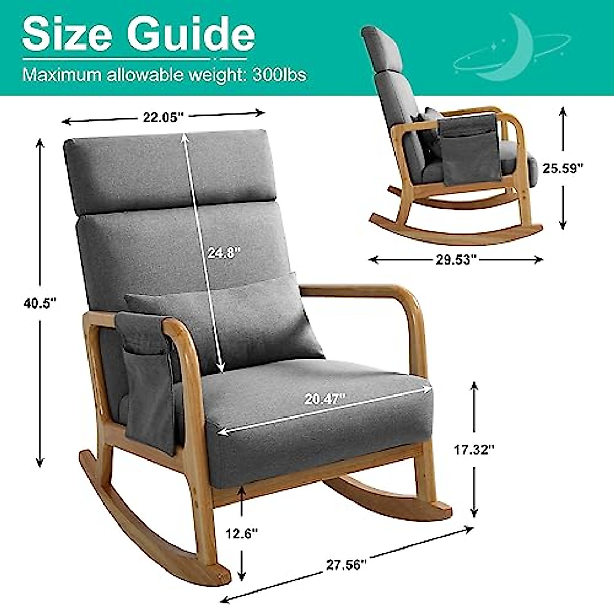 YuuYee Patio Rocking Chair Outdoor/Indoor, Wooden Glider Rocker Chair with Lumbar Pillow, Modern Upholstered Comfy Accent Living Room Chairs for Adults, Head/Neck Supporting, Side Pocket (Grey)