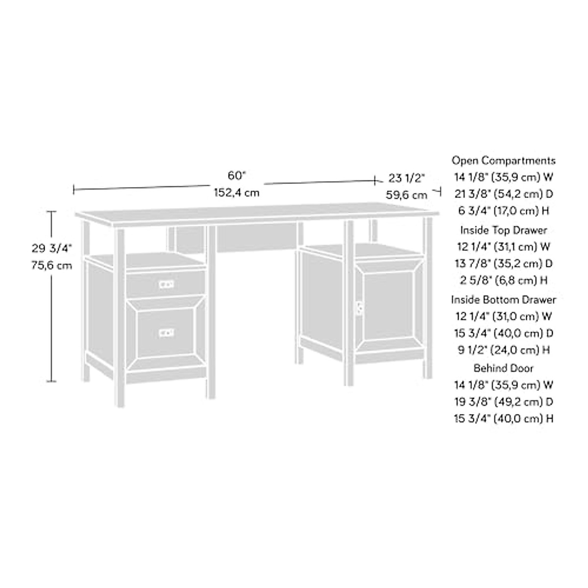 Sauder Cottage Road Computer Desk with Drawers, Home Office Desk with File Cabinet and Storage Shelves, in Soft White