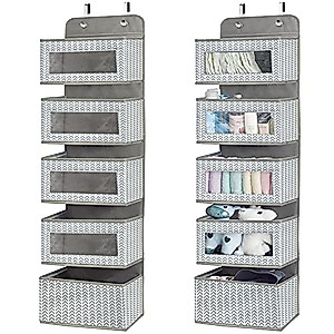 Over the Door Hanging Organizer with 5 Large Pockets - Wall Mount Pantry Storage with Clear PVC Window & 2 Big Metal Hooks for Closet,Bathroom,Nursery,Bedroom,Dorm,Baby Diapers,Kids Toys (Gray)