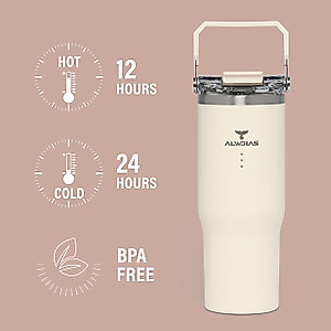 Alwdias Samsta Stainless Steel Tumbler with Handle and Straw | Leakproof Vacuum Insulated Water Bottle | Keep Cold 24H | Cup Holder Friendly Double Walled Travel Mug | 32 oz, White Cream